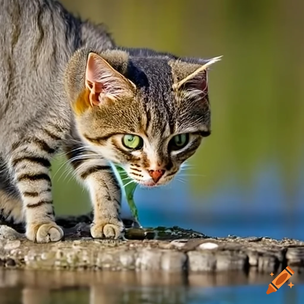 Cat drinking water from a spring