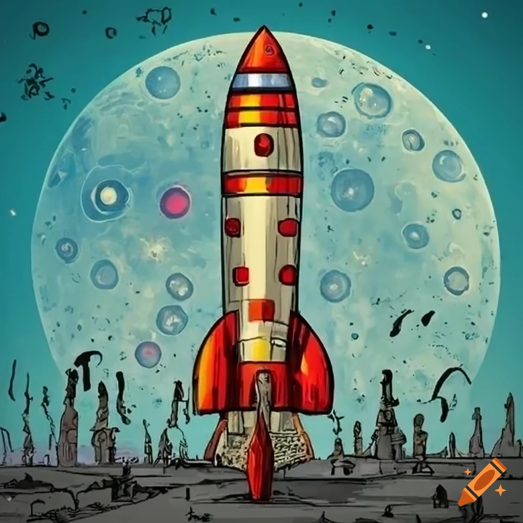 Detailed surreal moon rocket in comic style on Craiyon