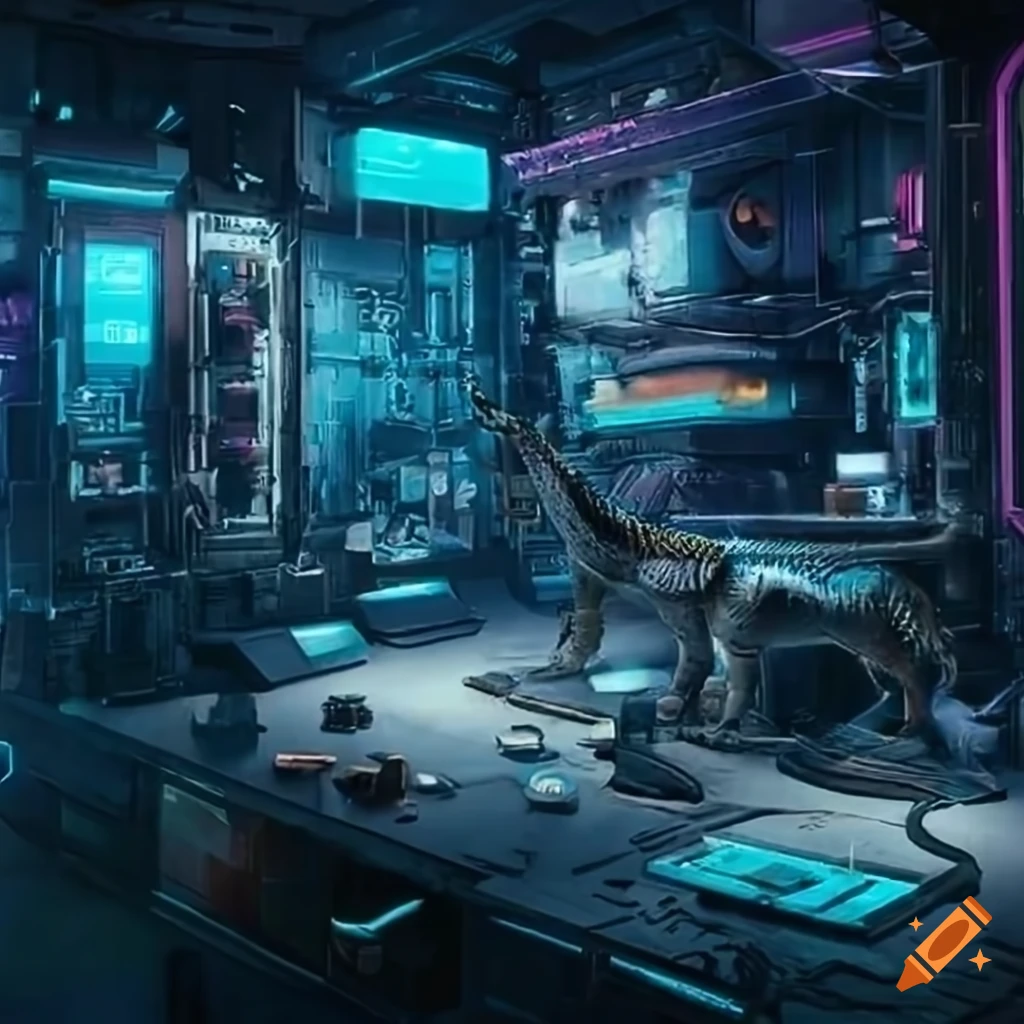 Cyberpunk dinosaur in a futuristic laboratory