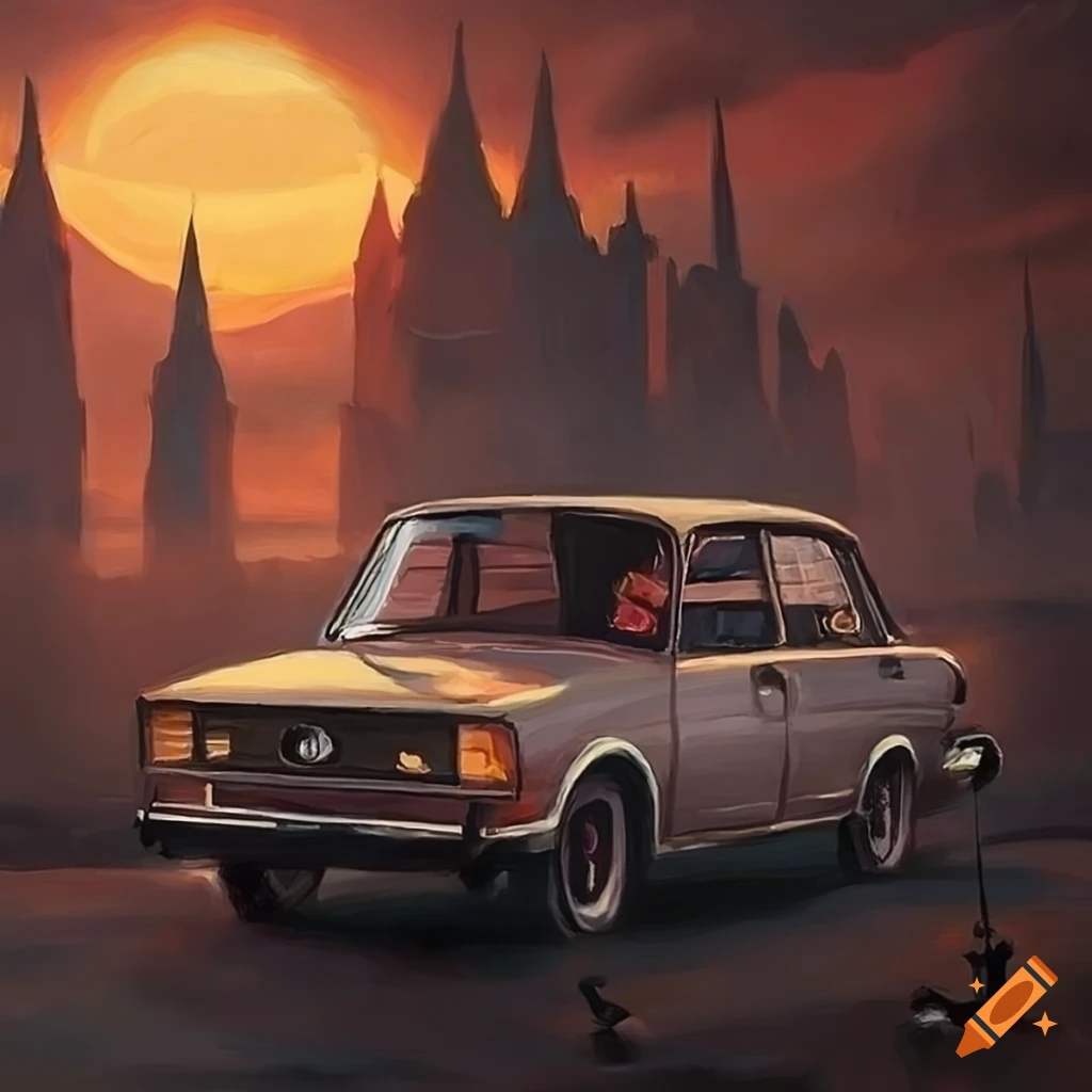 Realistic painting of a lada car at dusk