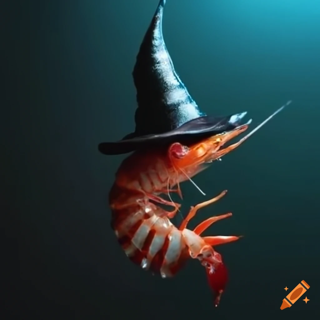 Shrimp with a black wizard hat