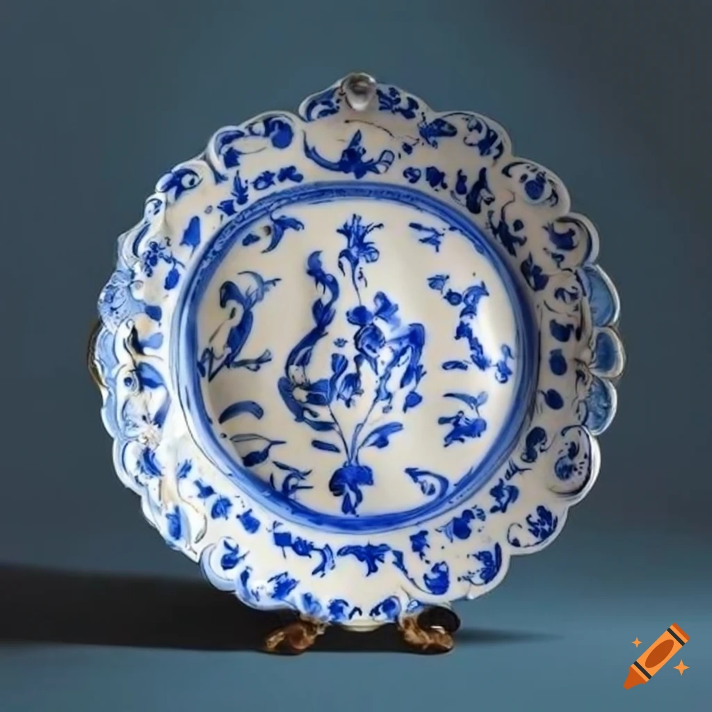 Rococo white and blue relief plate on Craiyon