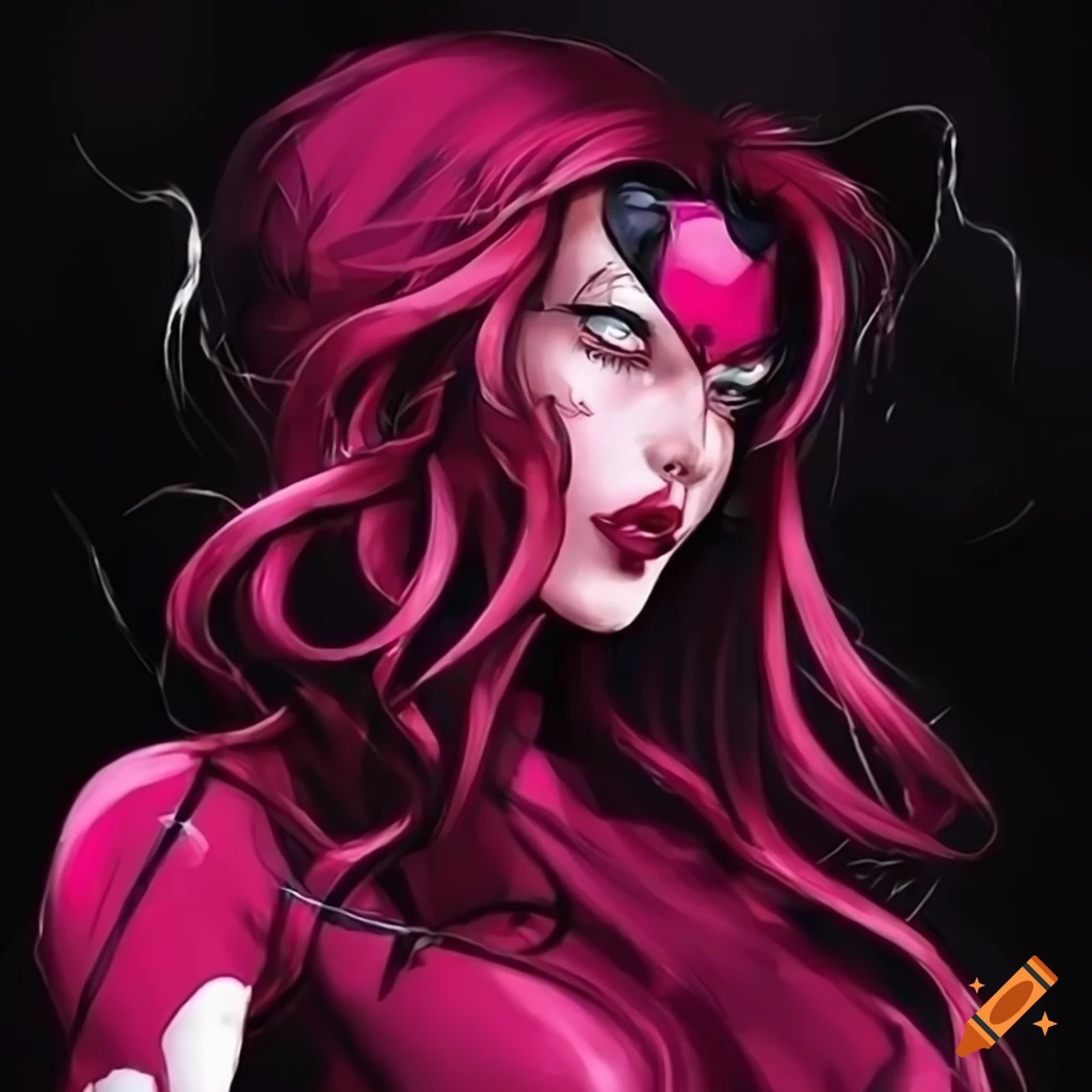 Artistic depiction of a pink spider-woman with black hair and green ...
