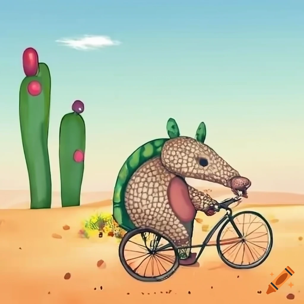 Cute armadillo riding a bicycle in the desert on Craiyon