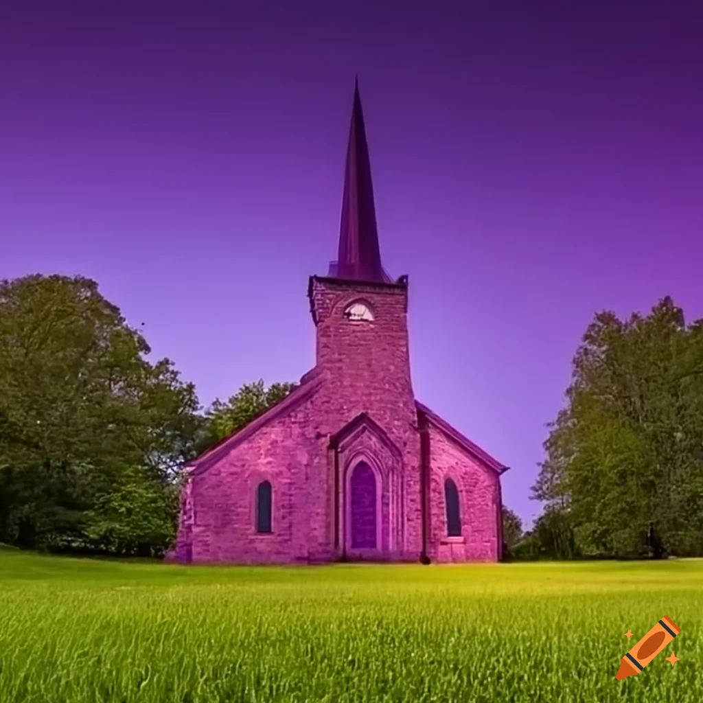 Surreal image of a purple church in a green field at night on Craiyon