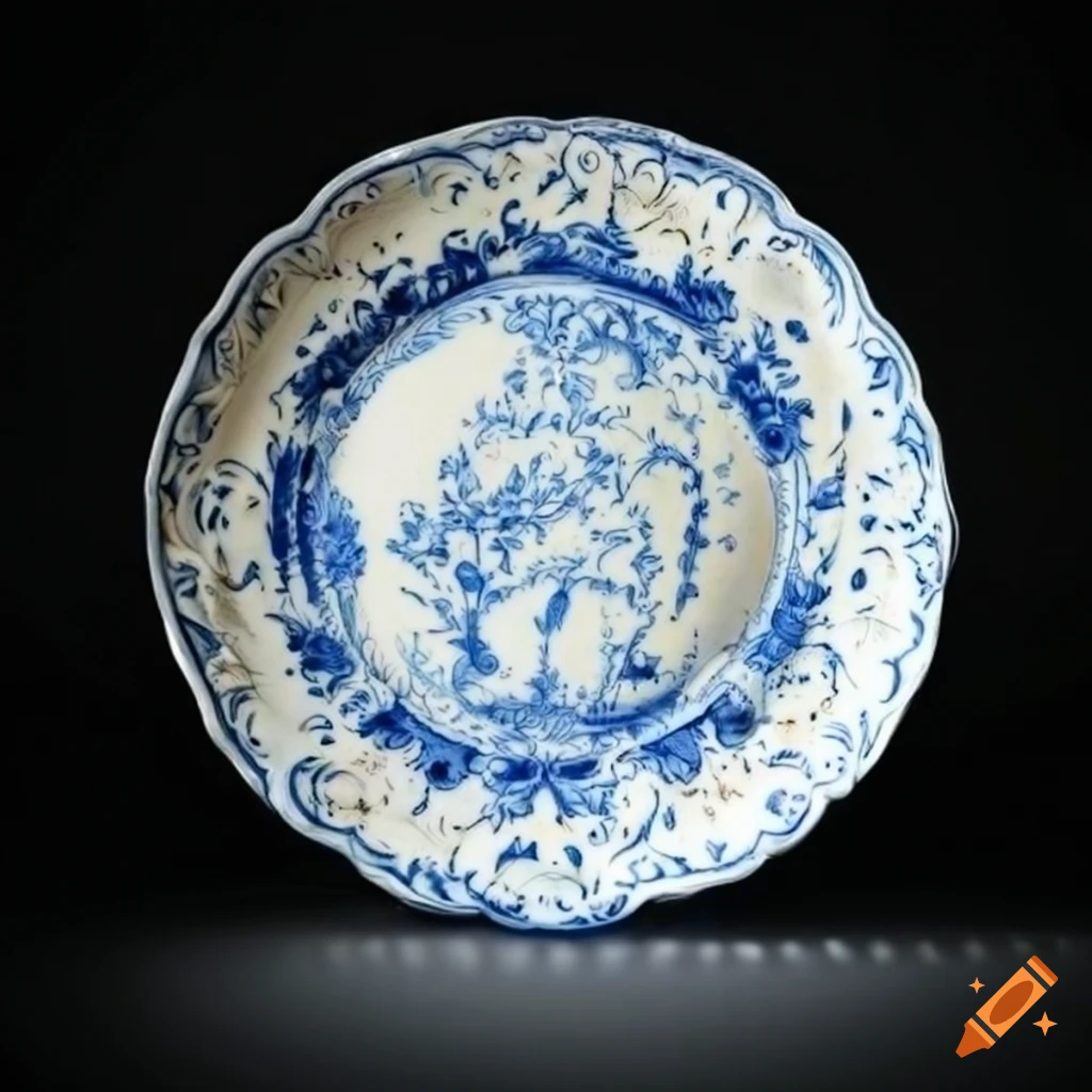 White and blue rococo plate with relief design