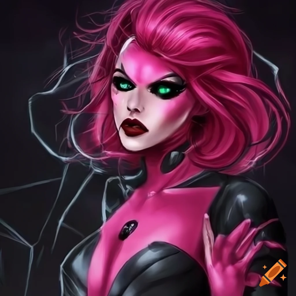 Cosplay of a pink widow spider-woman with black hair and green eyes