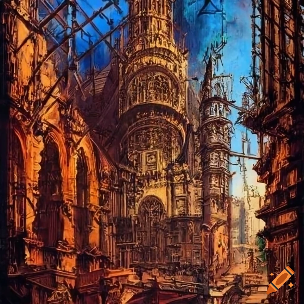 Scaffolding-covered cathedrals in a city inspired by warhammer 40k and ...