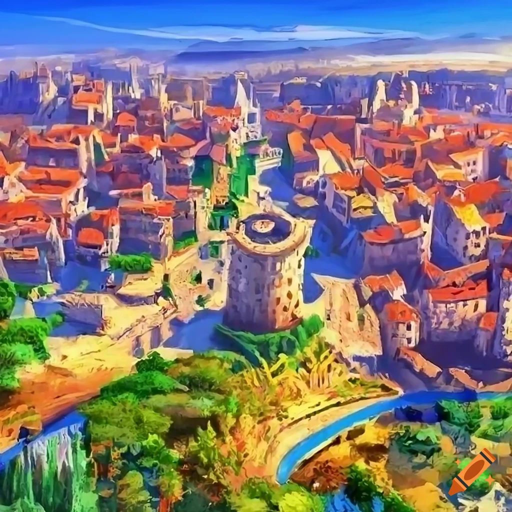 Colorful painting of a medieval city in a forest on Craiyon