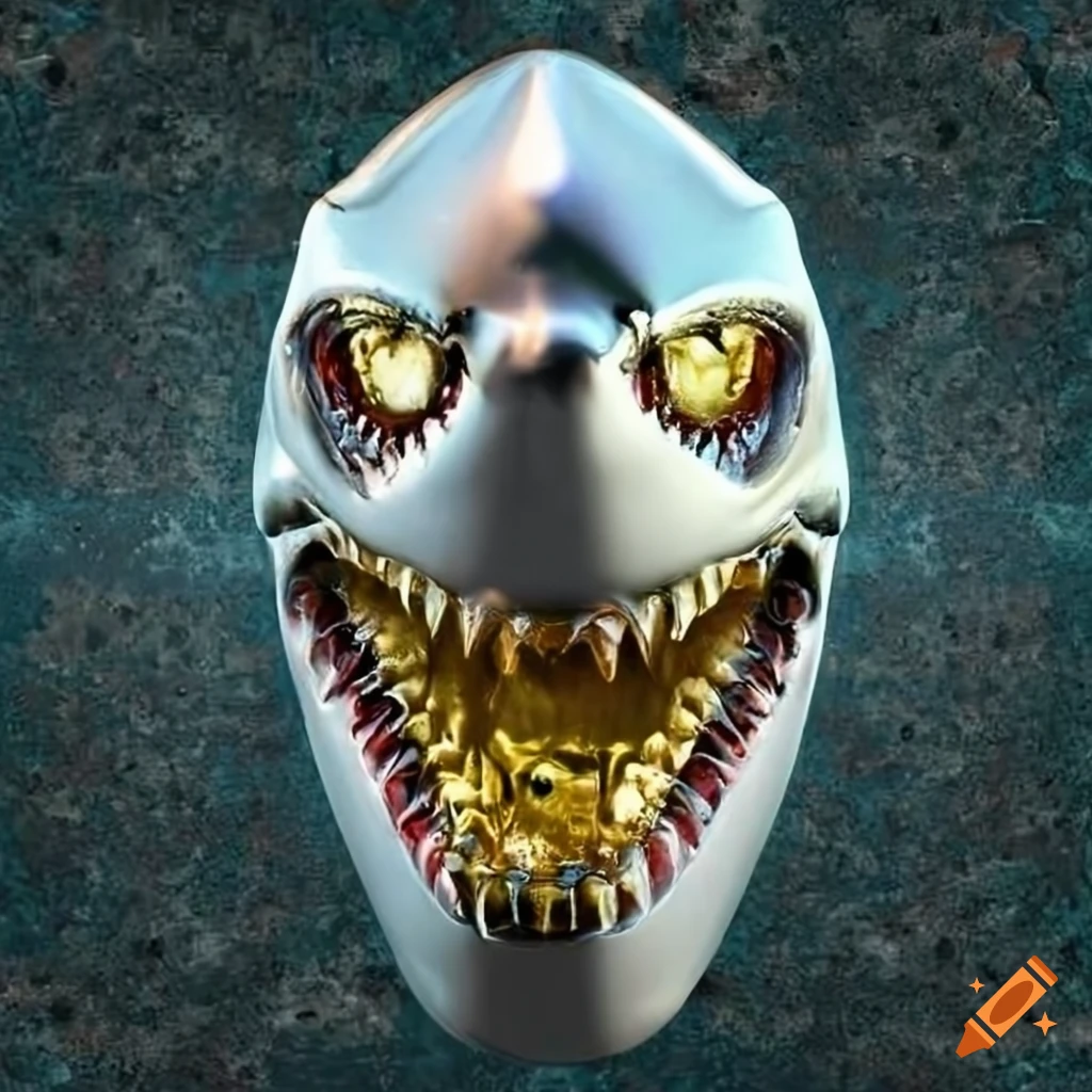 Chrome death mask of a great white shark with gold teeth on Craiyon