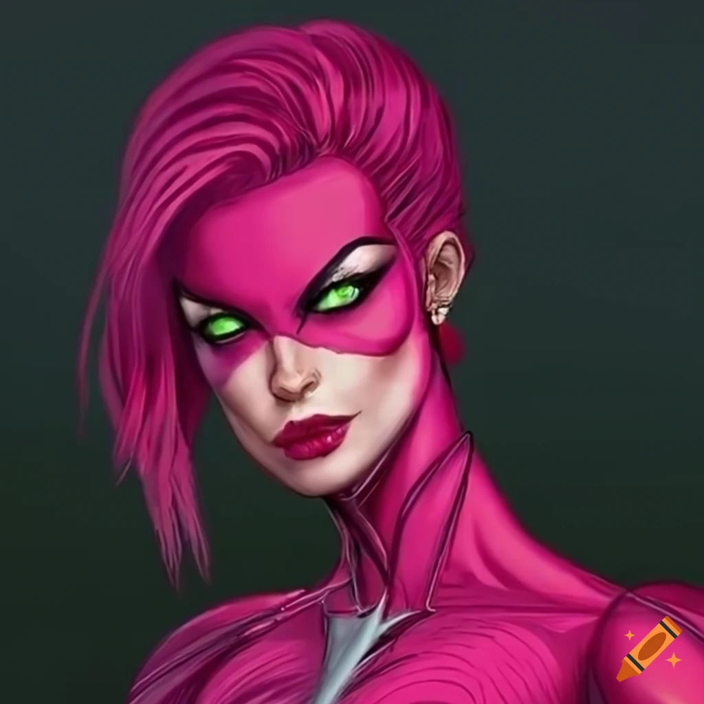 Pink widow spider-woman with black hair and green eyes