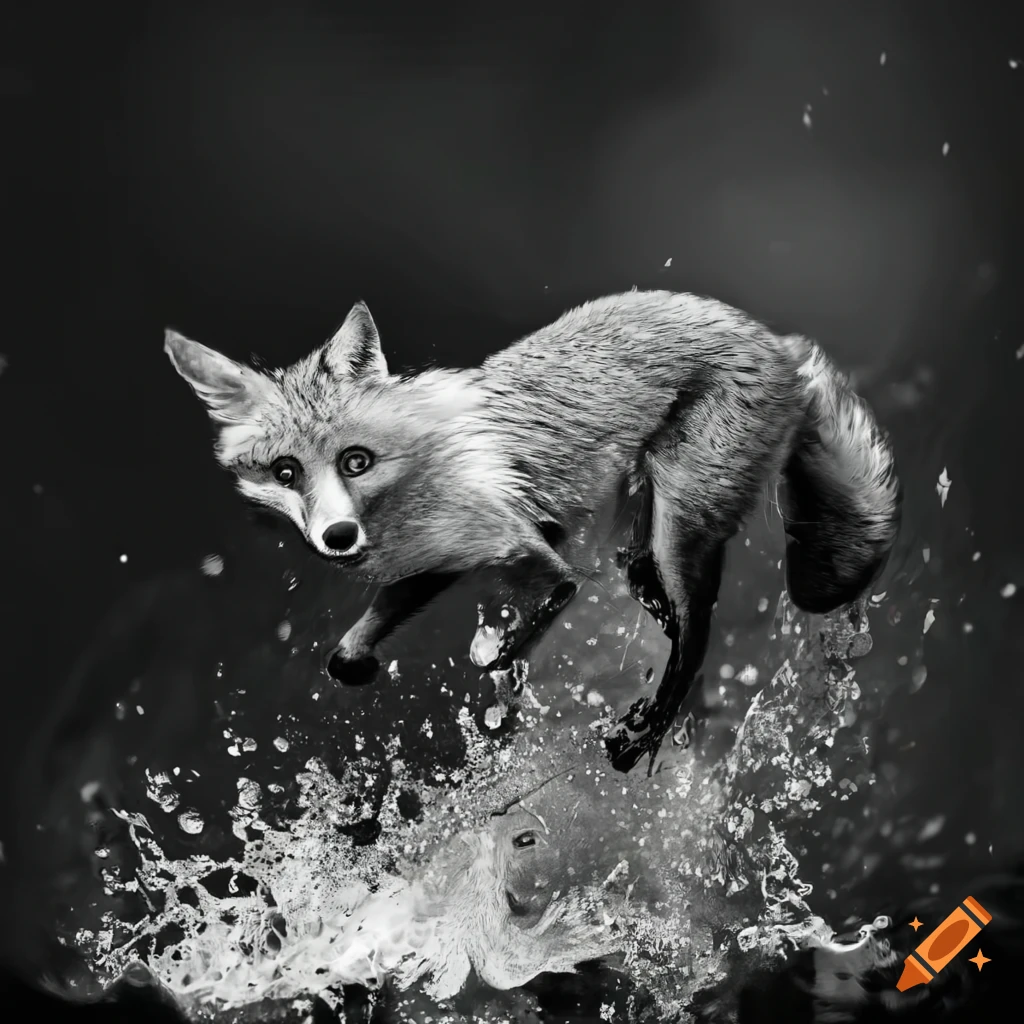 Black and white ink painting of a running fox on Craiyon