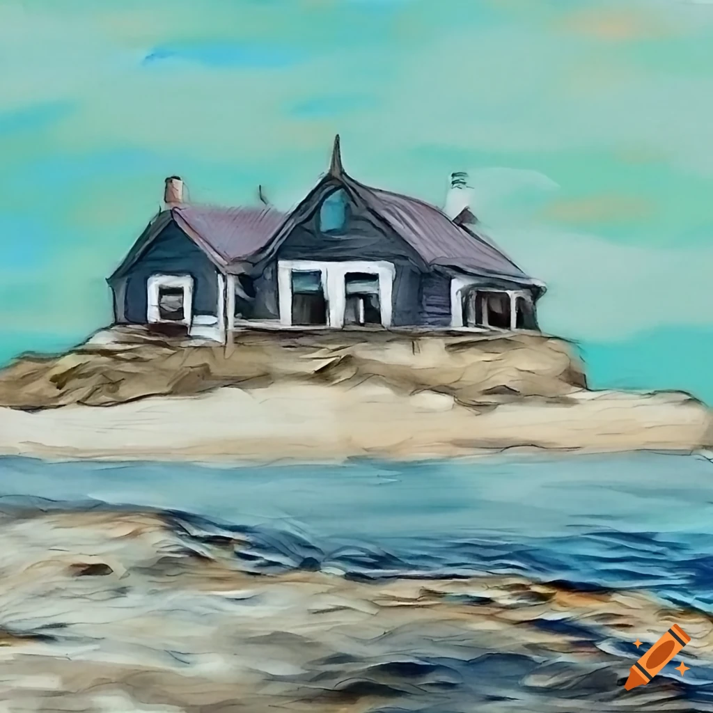 Sketch of a house on a clifftop near the sea on Craiyon