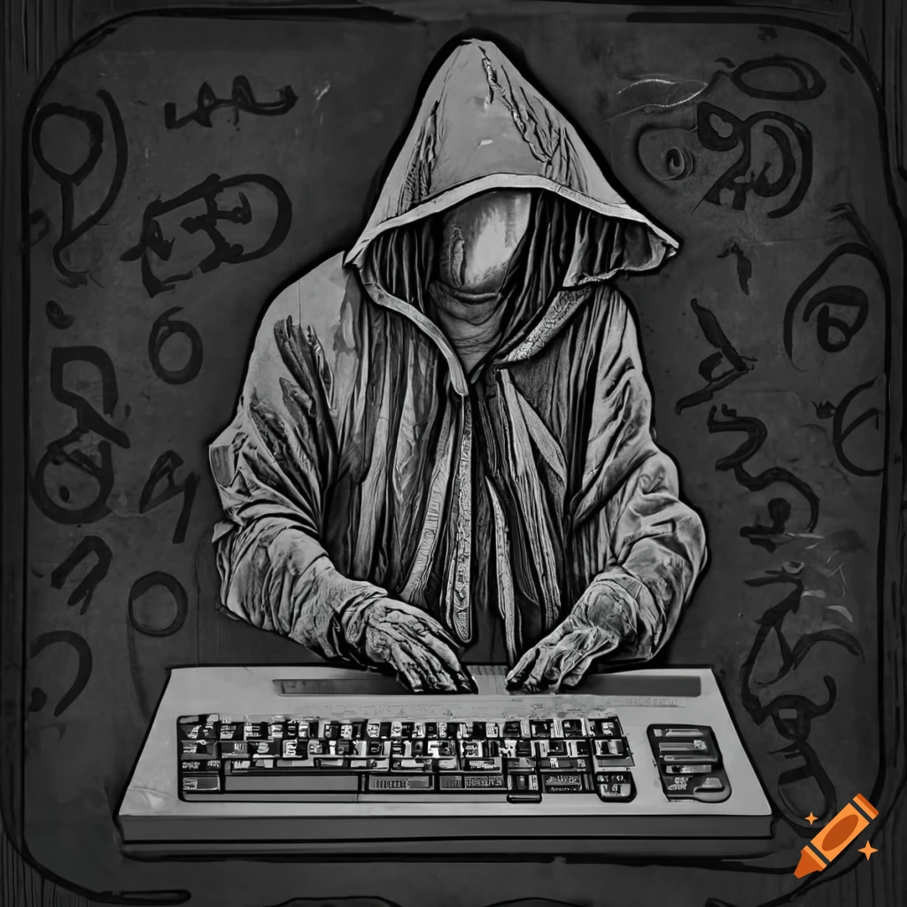 Digital artwork of a mysterious figure working on a computer