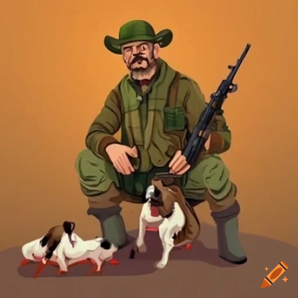 Hunter with dog and dead moose in autumn forest on Craiyon