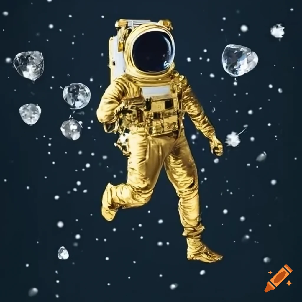 Golden astronaut surrounded by floating diamonds in space on Craiyon