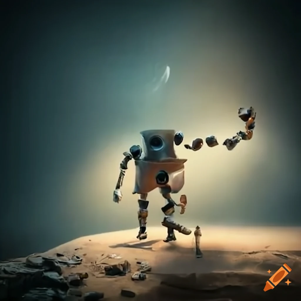 Action scene of an archaeologist fighting a robot
