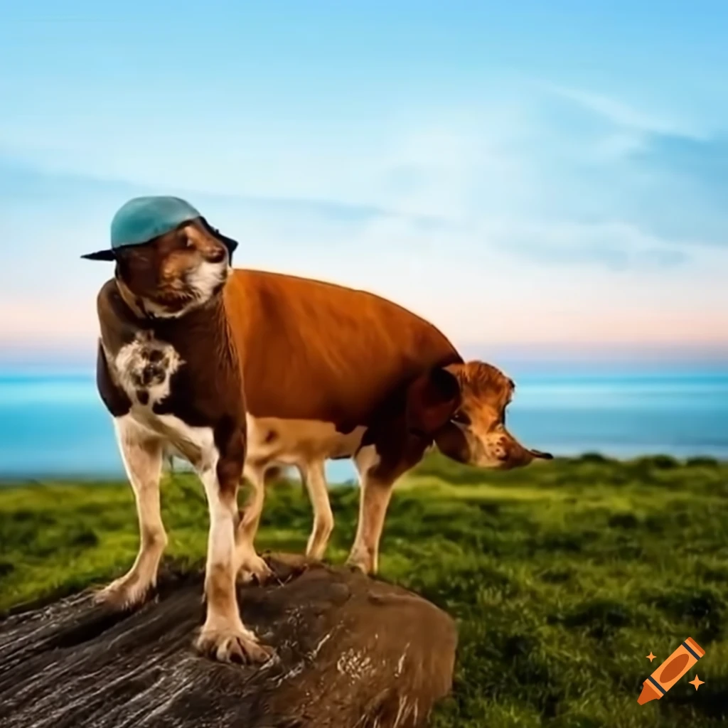 Dog riding waves with grazing cows nearby
