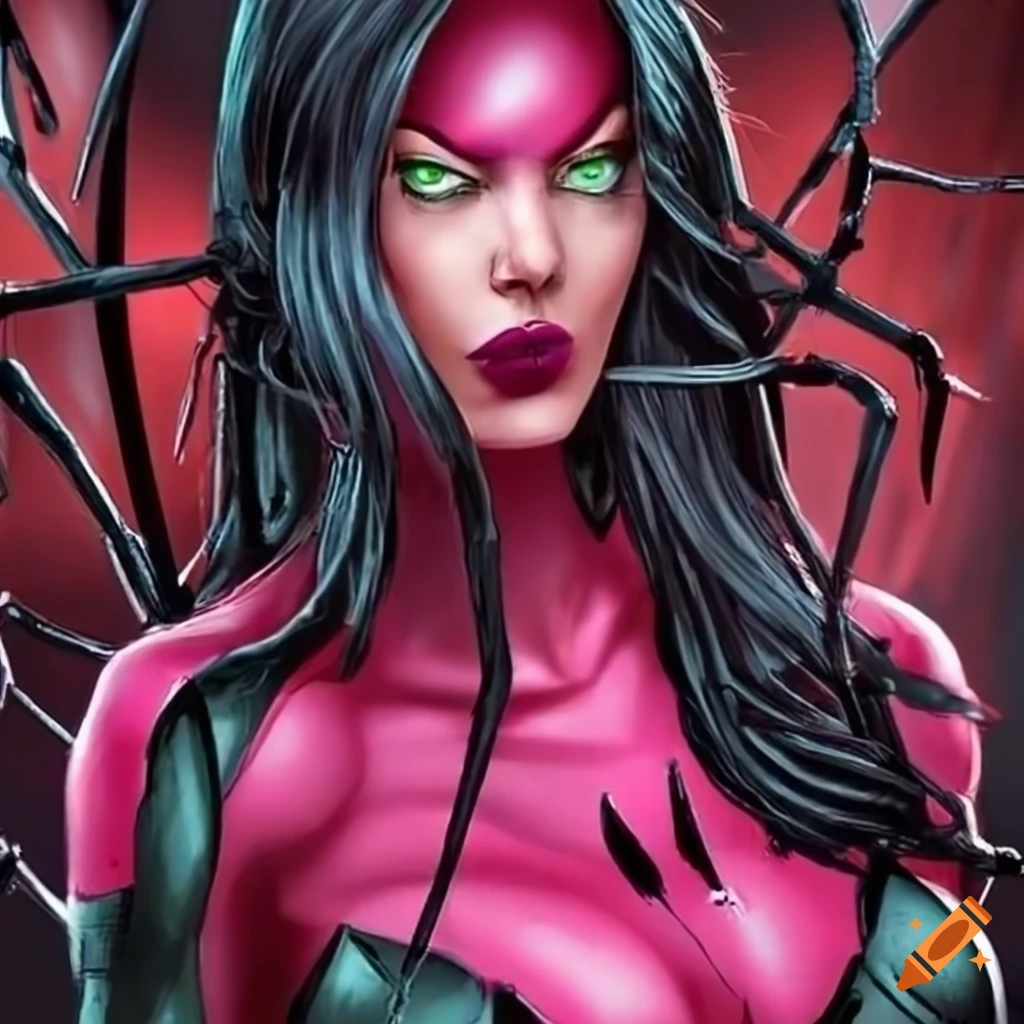Illustration of a pink-haired, green-eyed widow spider-woman on Craiyon