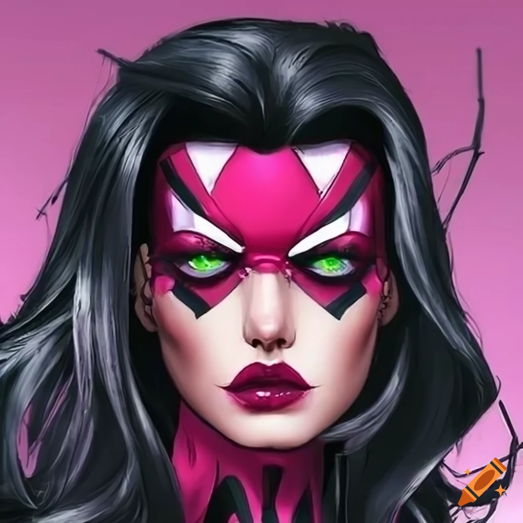 Artistic depiction of a pink spider-woman with black hair and green ...