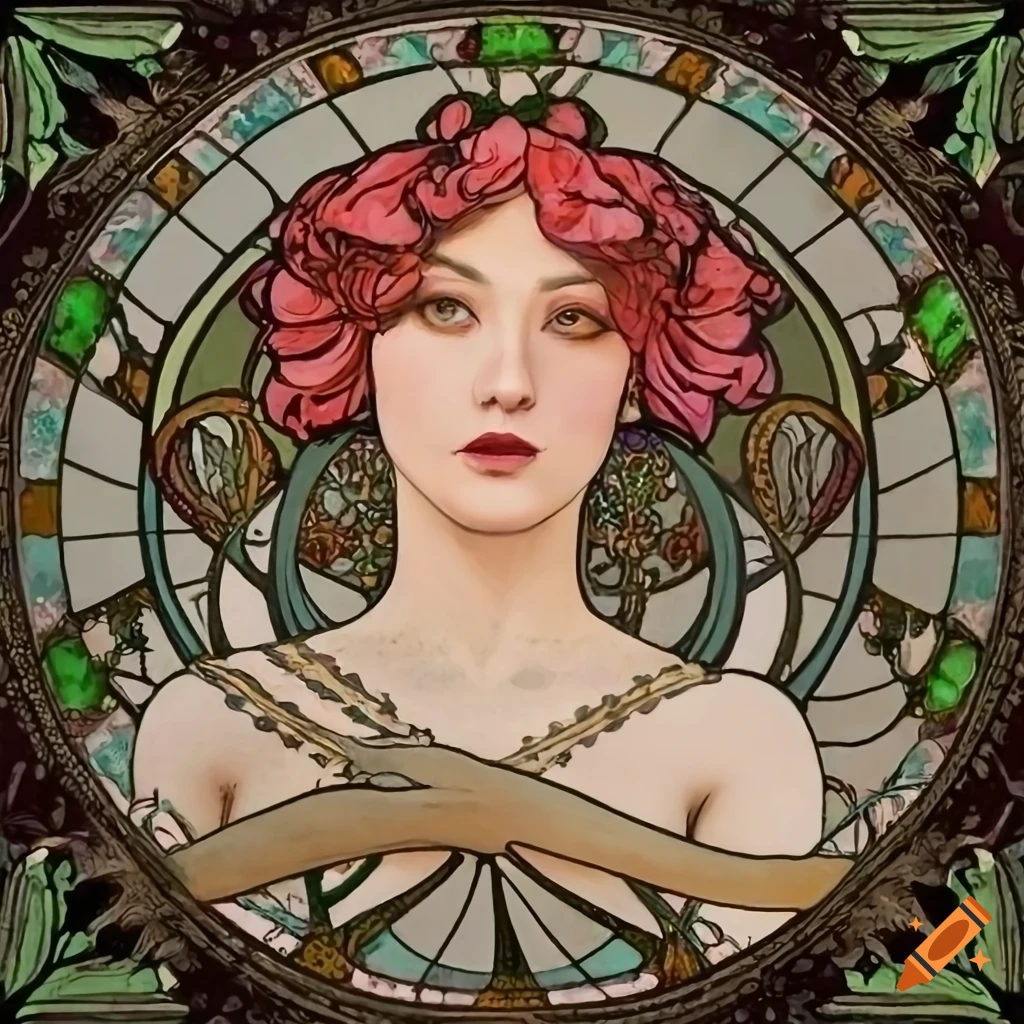 Hyper-detailed reclining woman in Mucha style on Craiyon