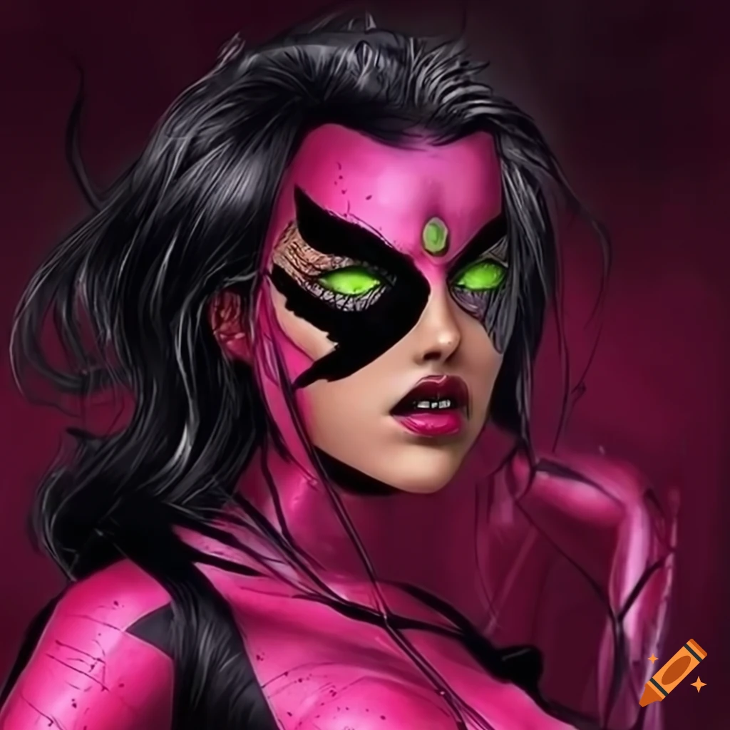 Image of a pink widow spider-woman with black hair and green eyes on ...
