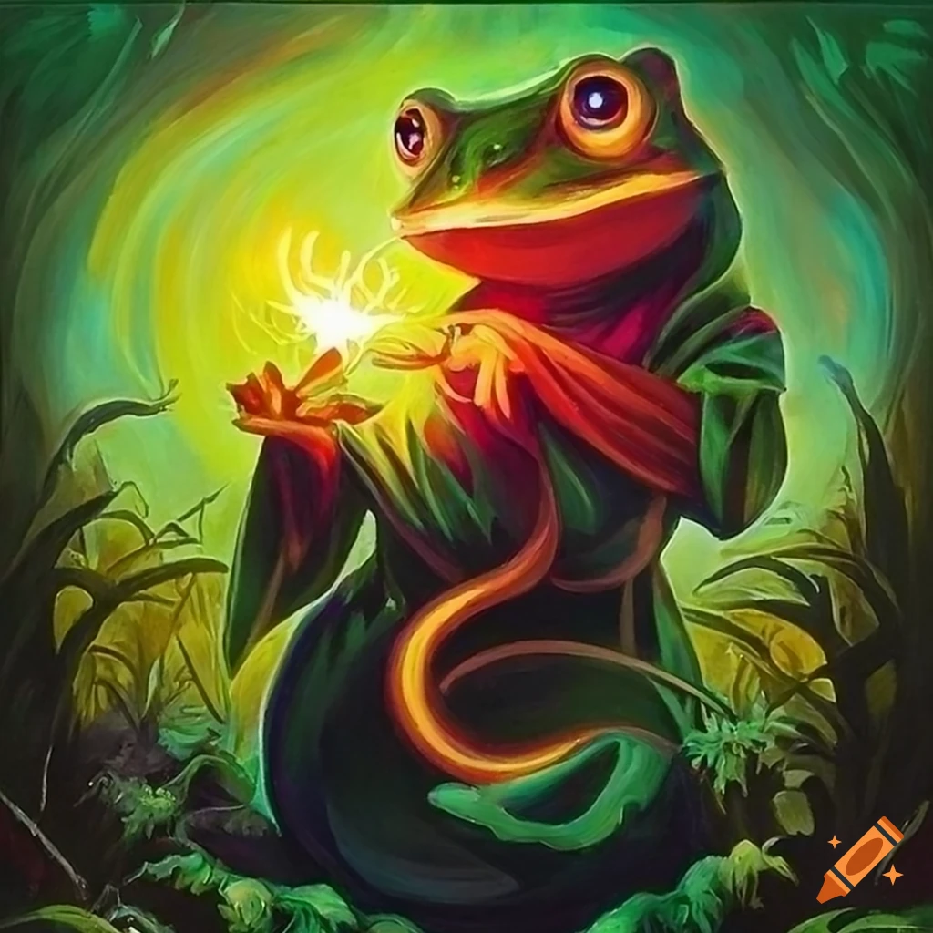 Painting of a wizard frog holding a glowing heart on Craiyon