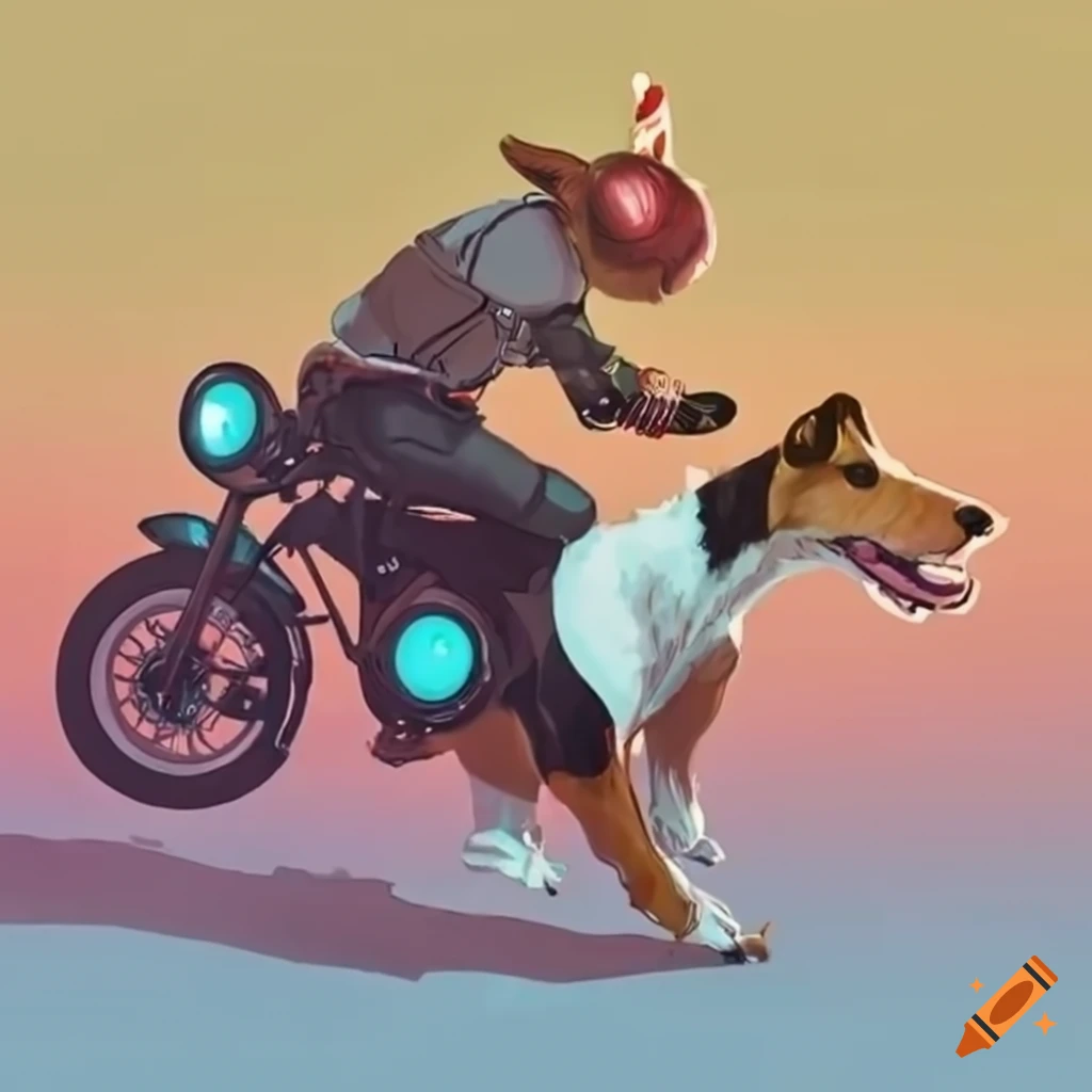 Illustration of a fox terrier riding a motorcycle