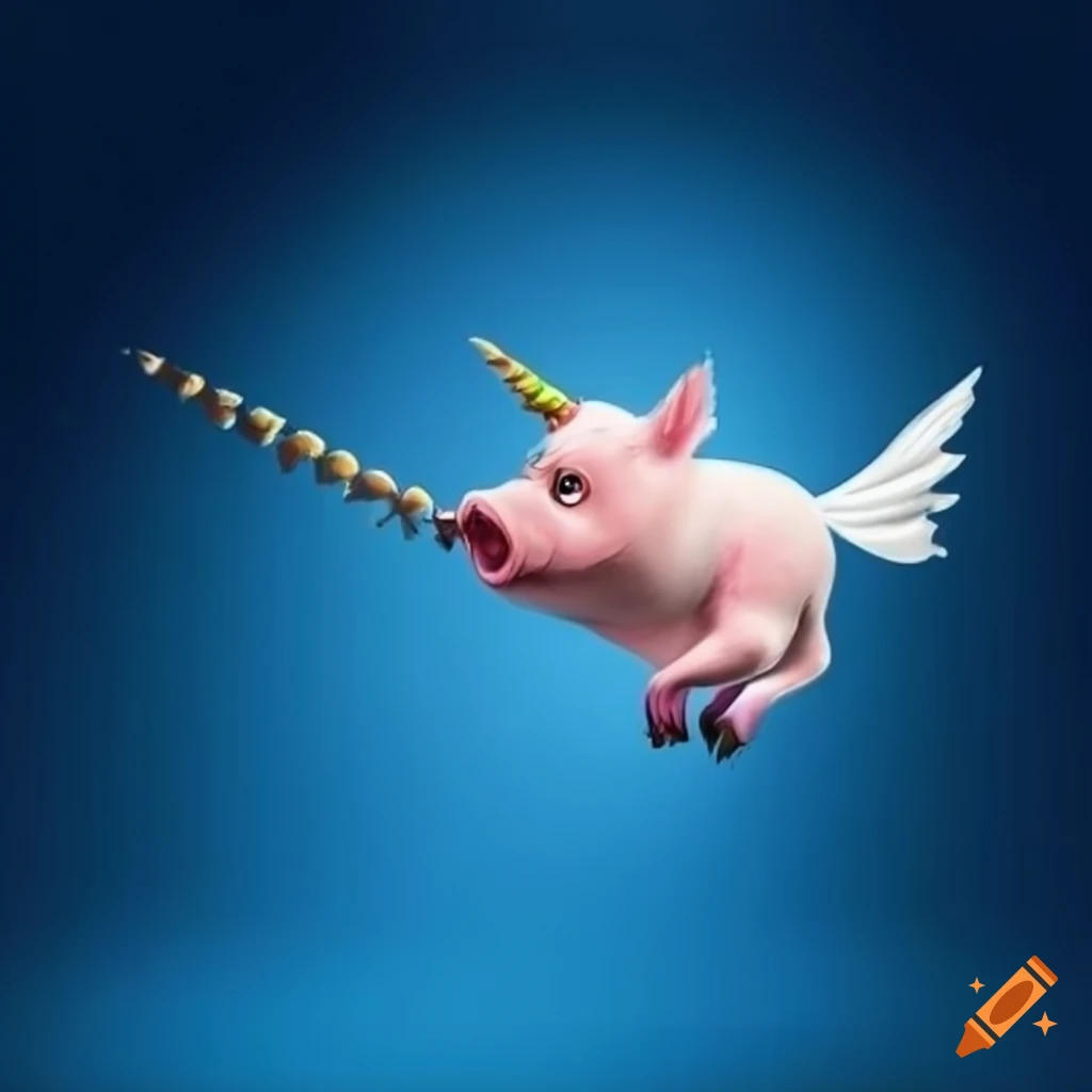 Humorous illustration of a pig flying on a unicorn