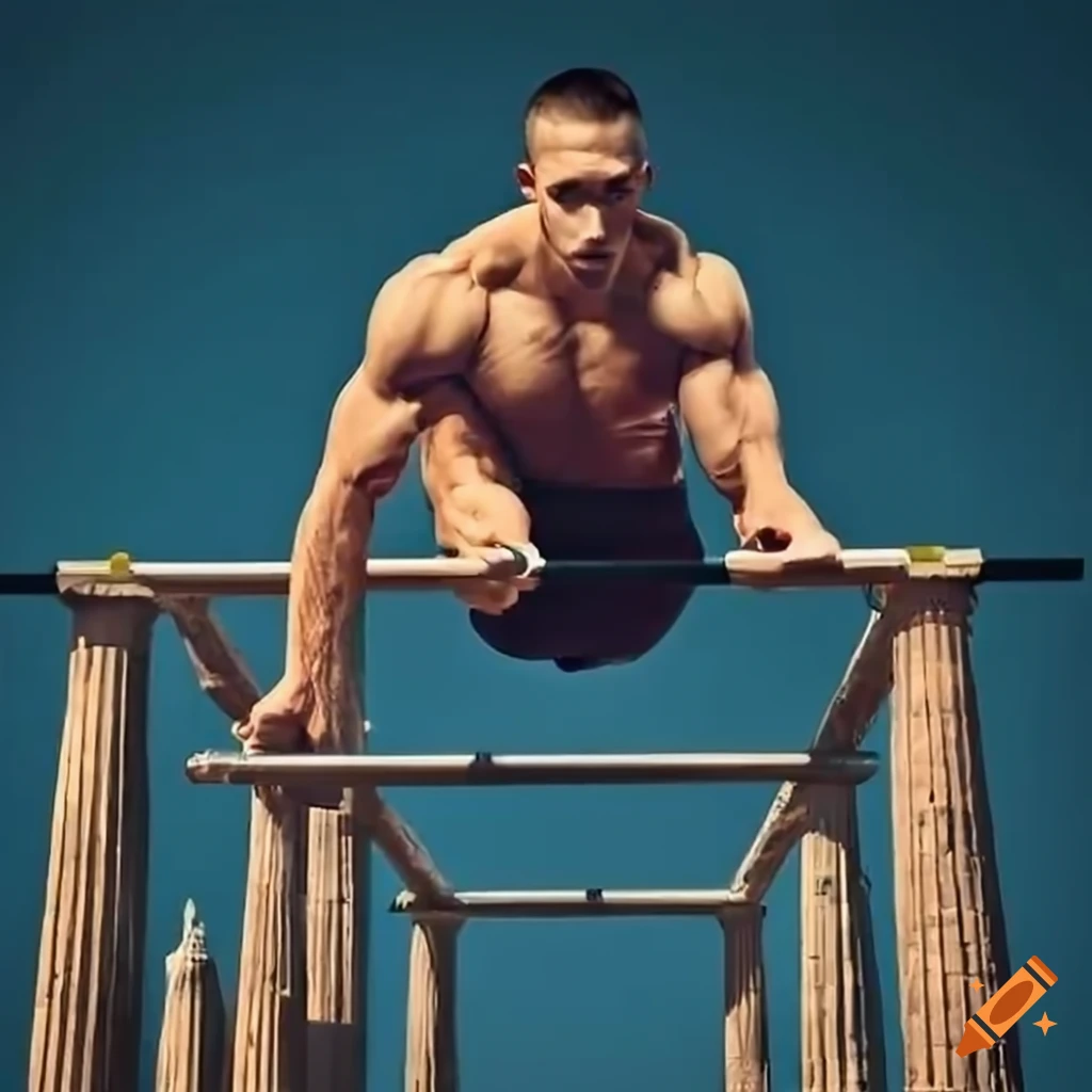 Athletic man doing muscle ups with the parthenon in the background