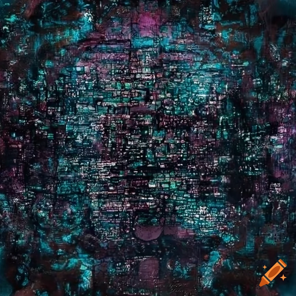 Detailed cyberpunk city map with glitched stars and organic textures on ...