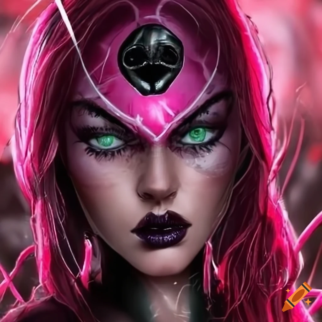 Artistic depiction of a pink widow superhero with black hair and green ...