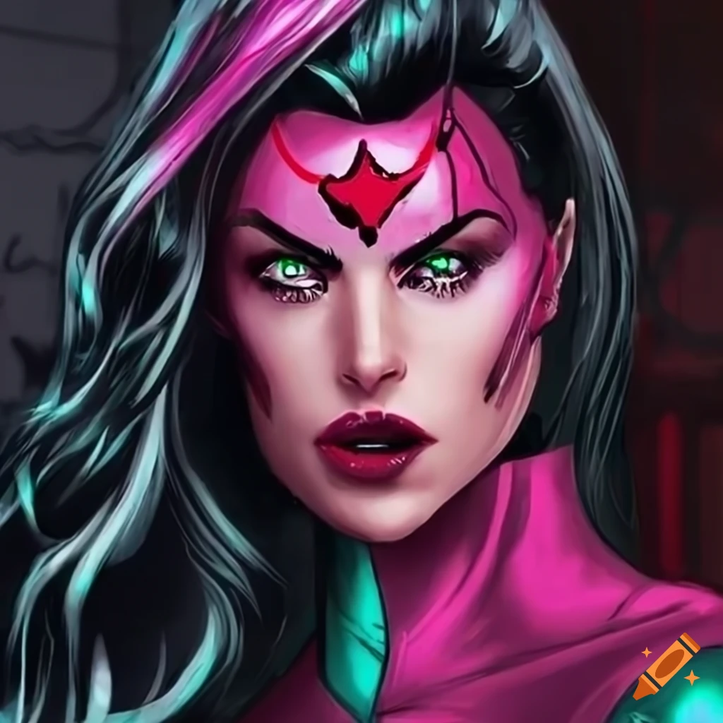 Pink widow spider-woman with black hair and green eyes on Craiyon