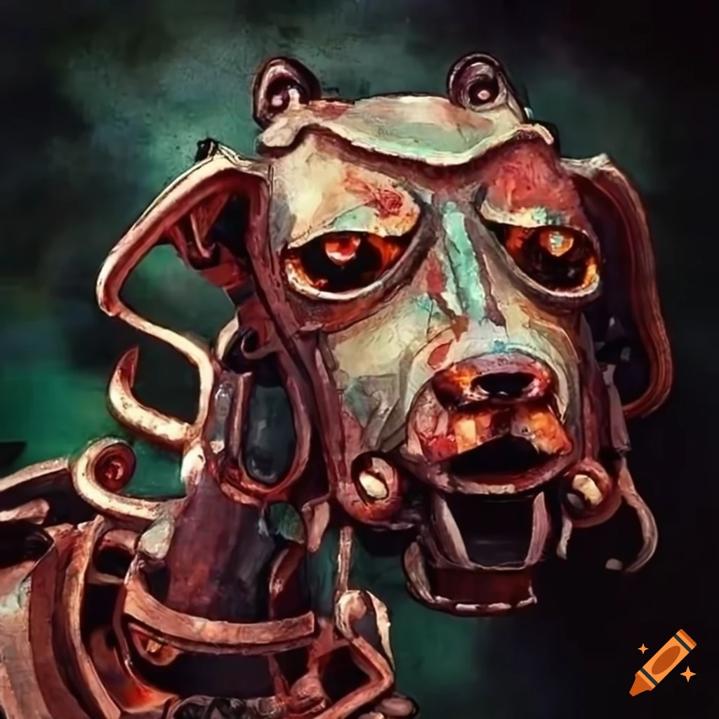 Creepy mechanical hound with glowing eyes and eight legs on Craiyon