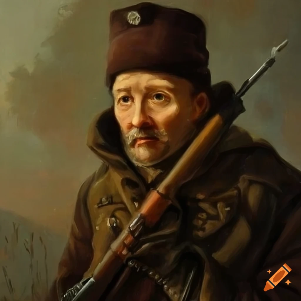 Oil painting of a soldier in winter uniform with gun