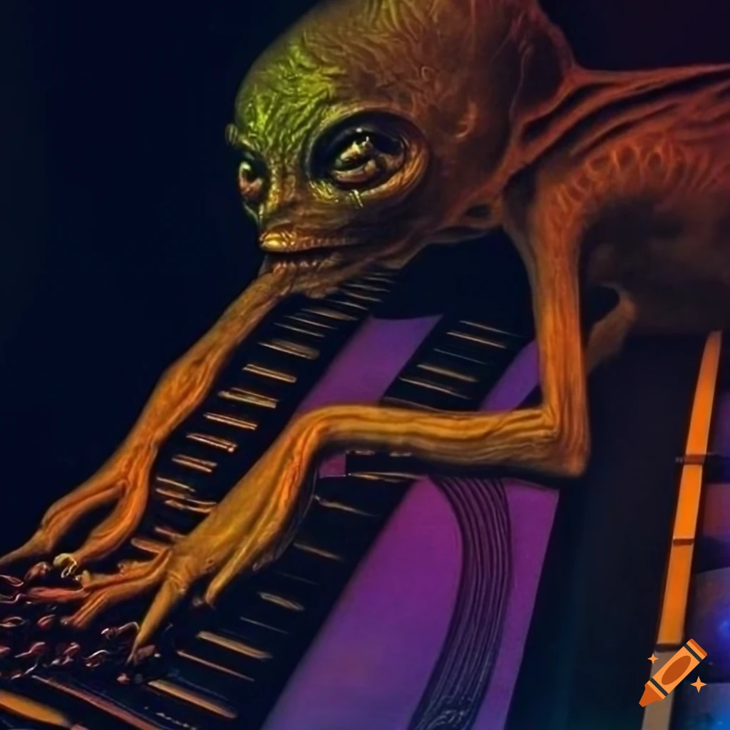 Vintage fantasy cover art of an alien creature playing synthesizer on ...