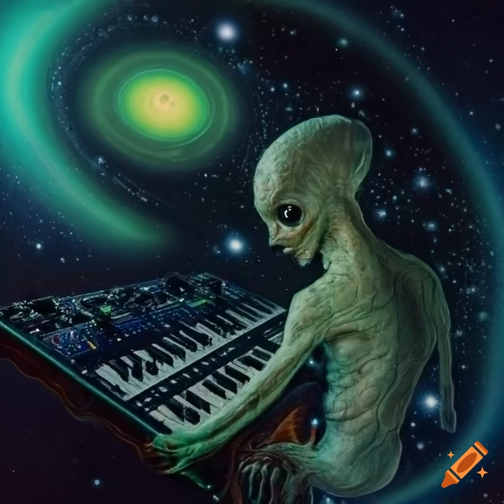 Vintage fantasy cover art with an alien playing synthesizer on Craiyon