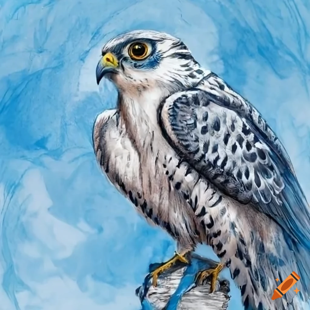 Falcon with diamond-like eyes against blue-white air in the Dolomites ...