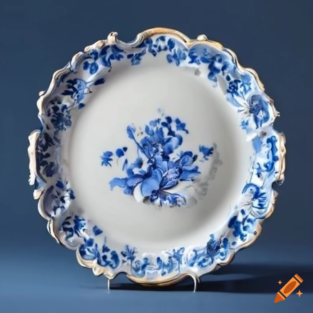 Blue rococo plate with white flowers relief