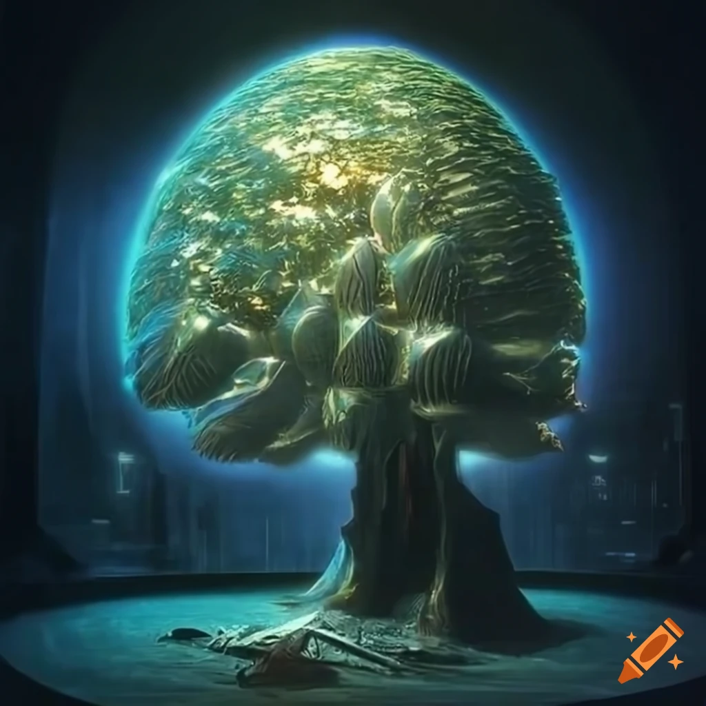Futuristic depiction of a tree merging with a human figure on Craiyon