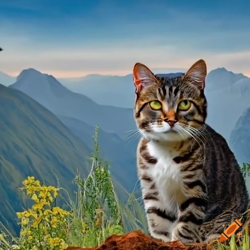 Cat admiring a beautiful mountain landscape on Craiyon