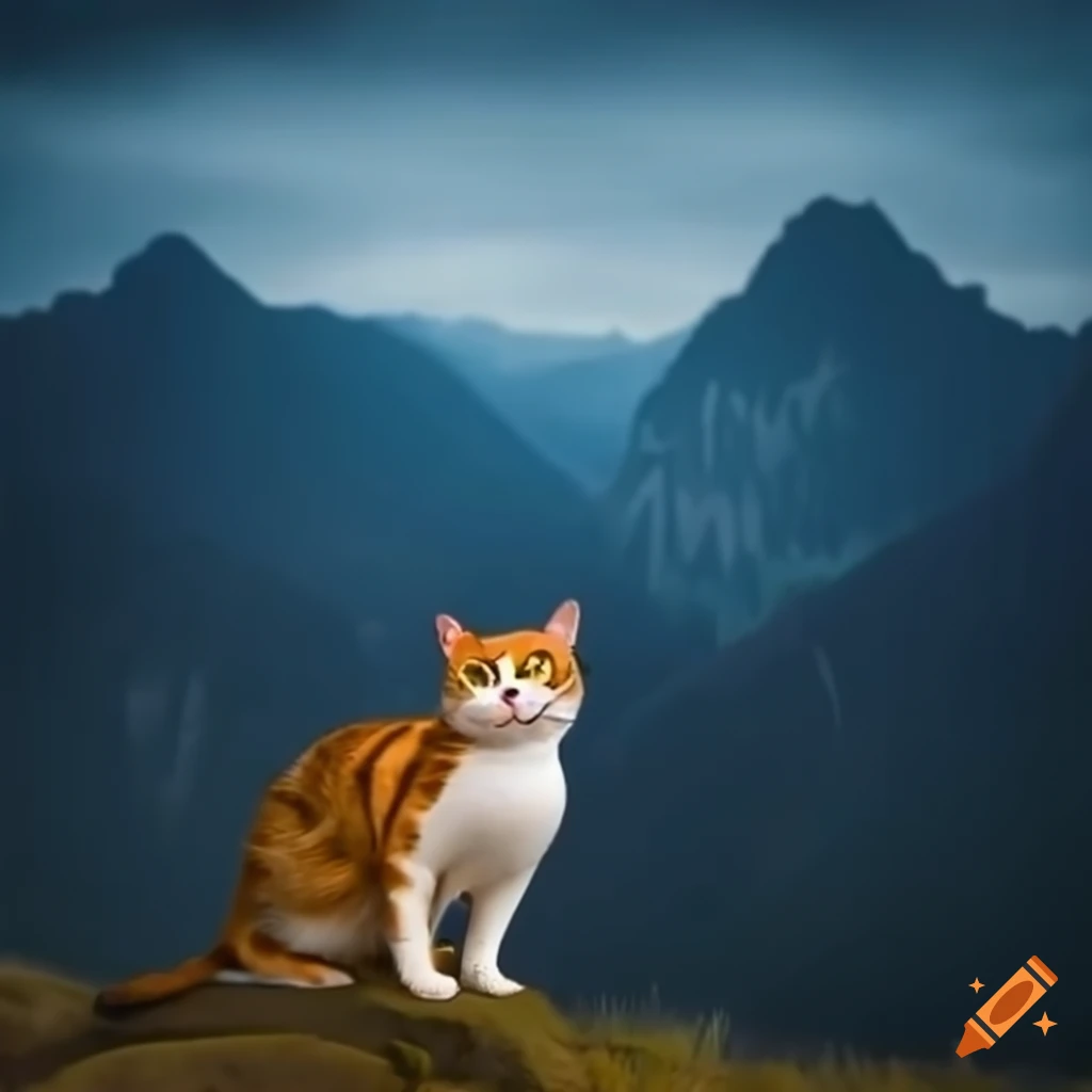 Cartoon cat with mountain landscape