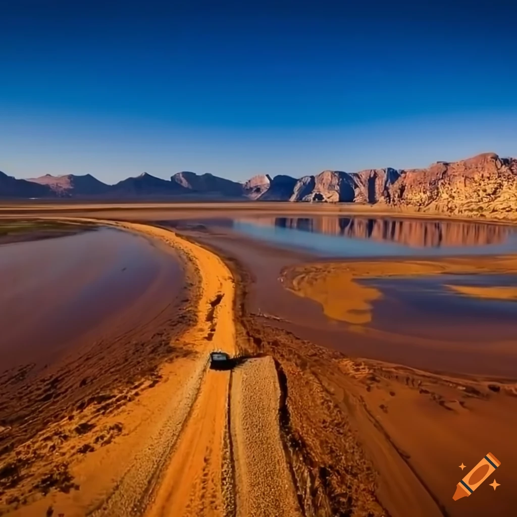 Desert landscape with oil pools and mountains