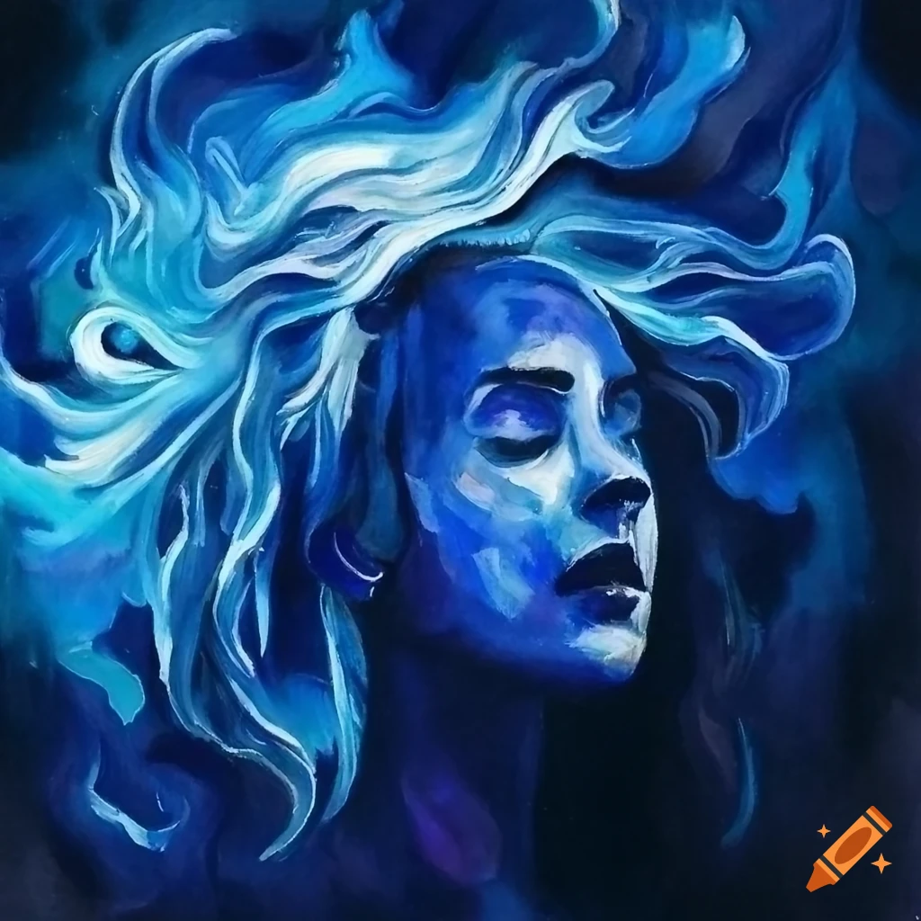 Oil painting of a blue fire ghost