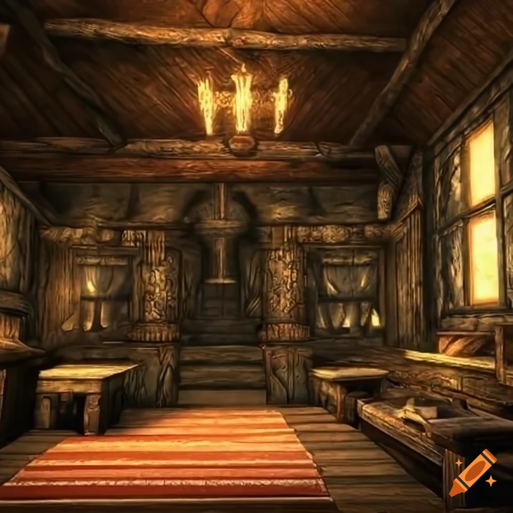 Interior of an alchemy shop with potions and herbs in a skyrim-like ...