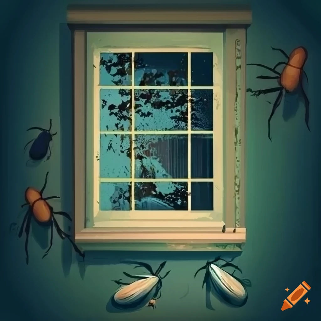 Vintage poster with insects in a house window