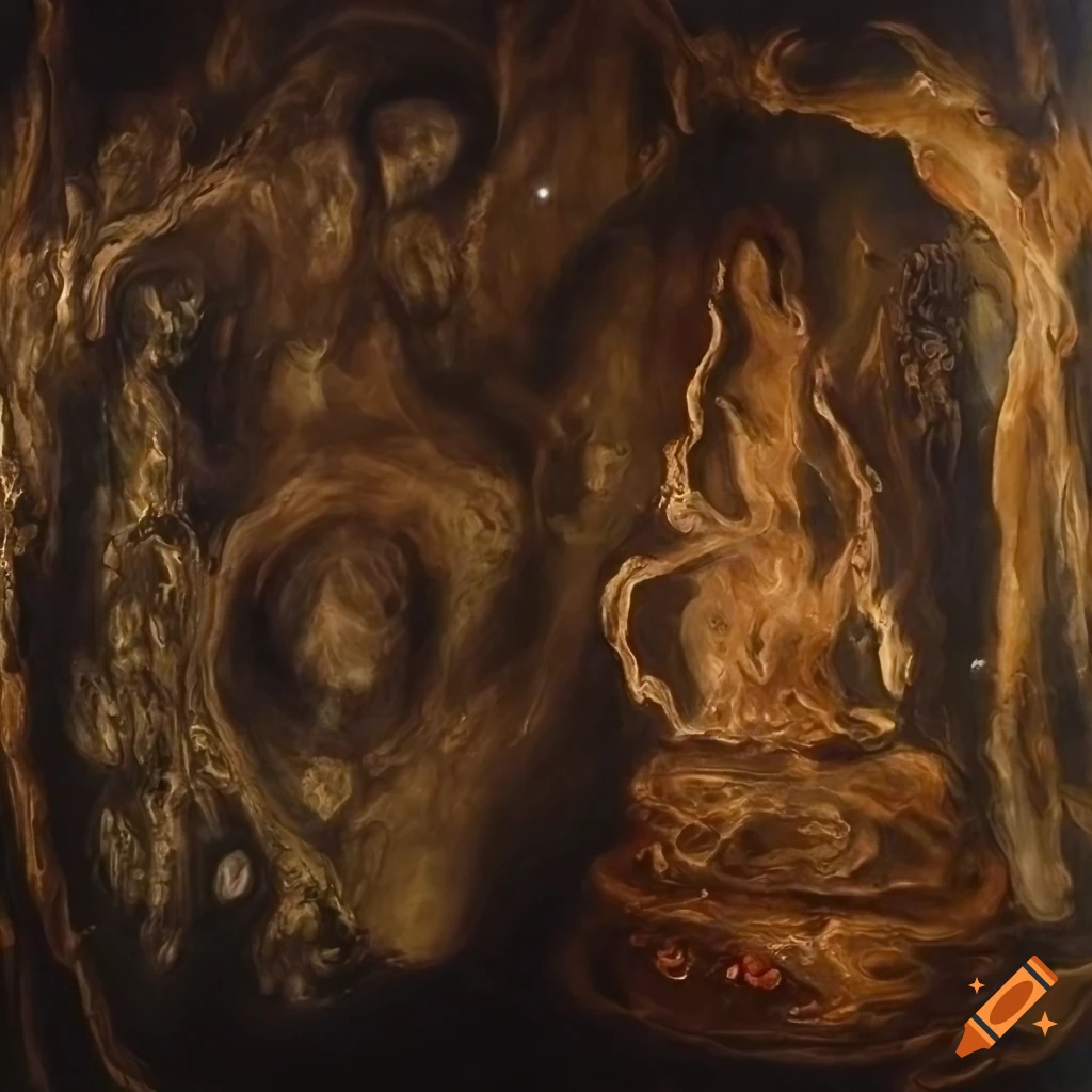 Dark occult cave filled with twisted trees and figures on Craiyon