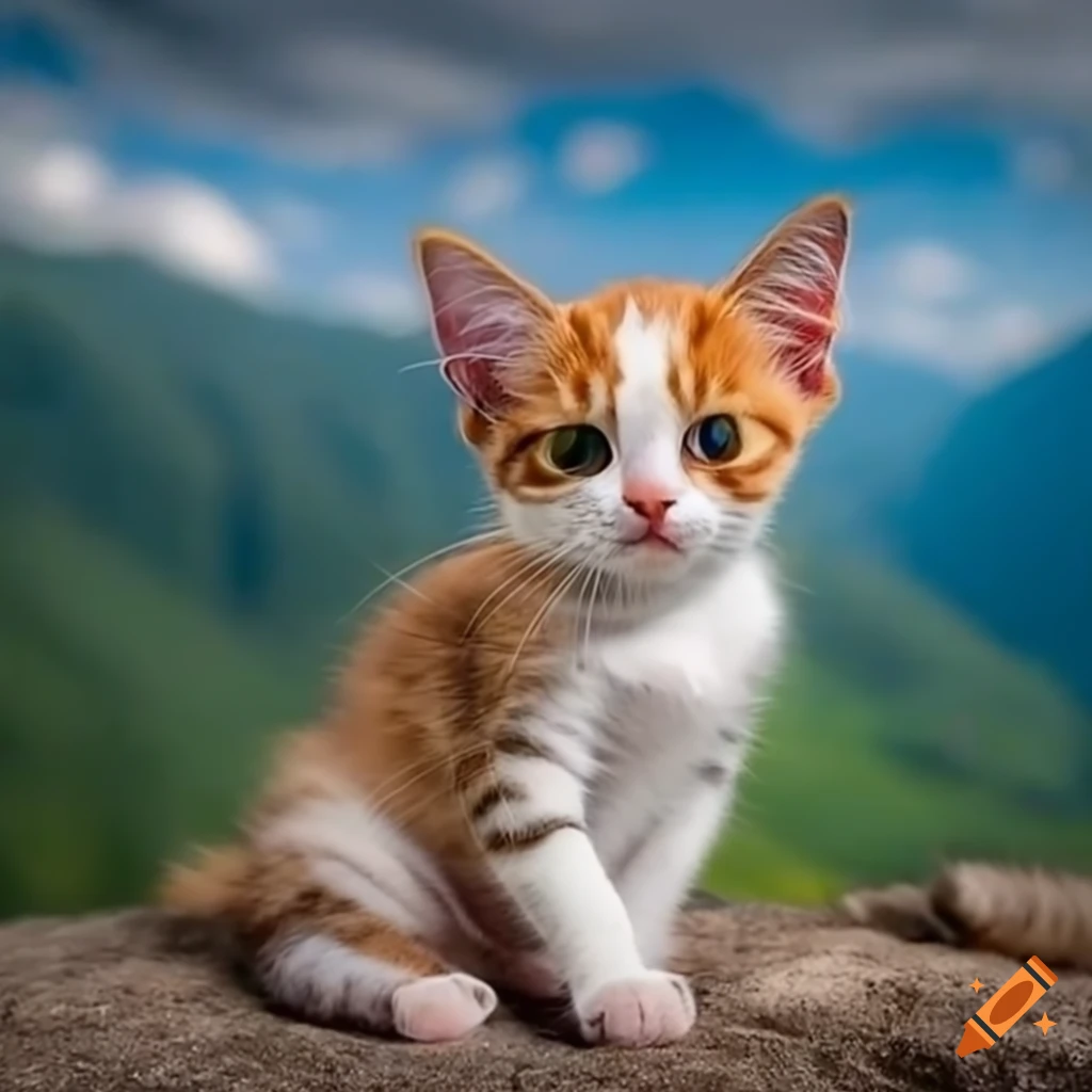 Adorable kitten with a mountain view