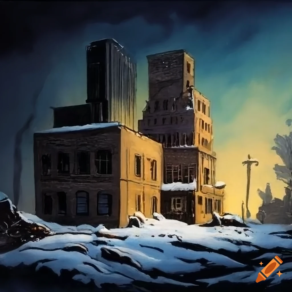 Artistic illustration of office buildings in a snowy landscape on Craiyon