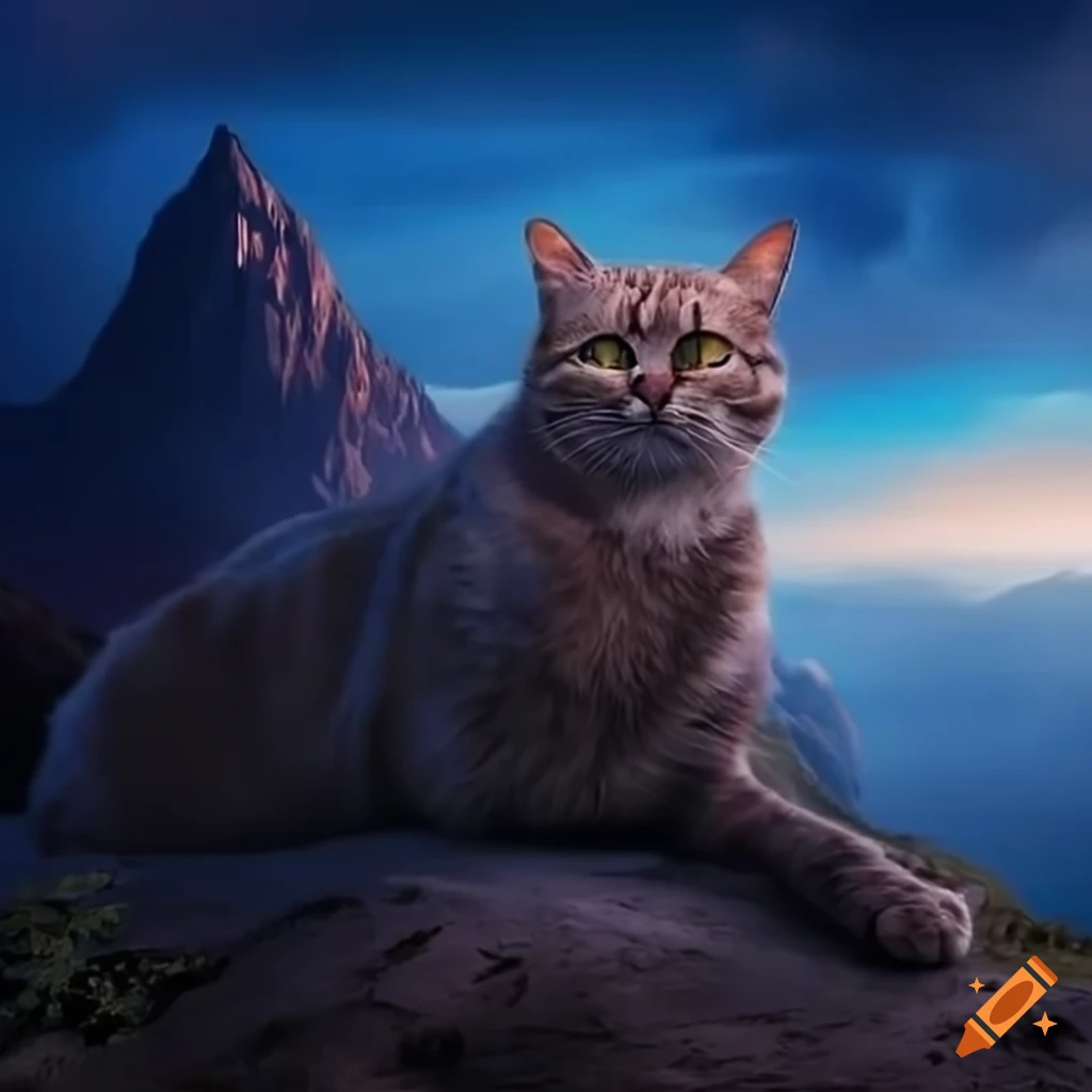 Fantasy cat in front of a stunning mountain view on Craiyon